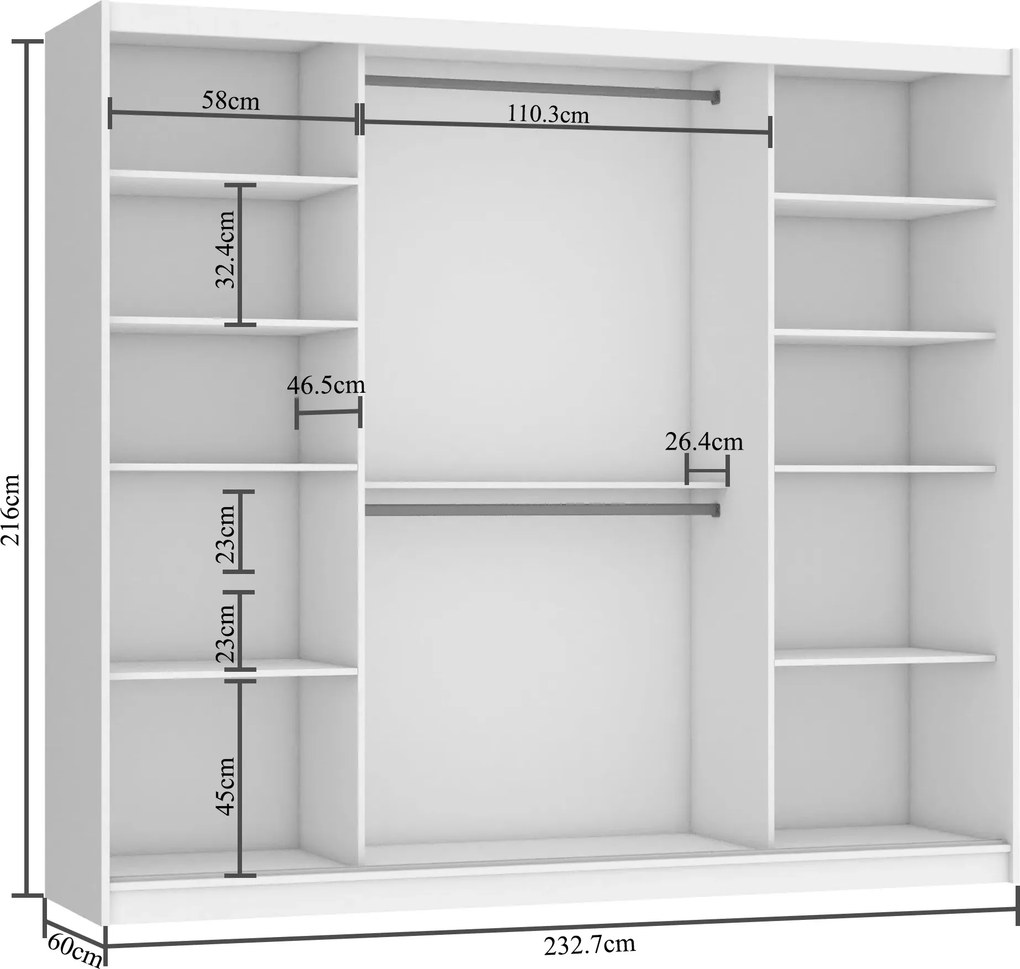 Šatní skříň s posuvnými dveřmi 232 cm se zrcadlem šedá matná  MES PRIMO SZP4/2/1W/2SR1L/0/AL