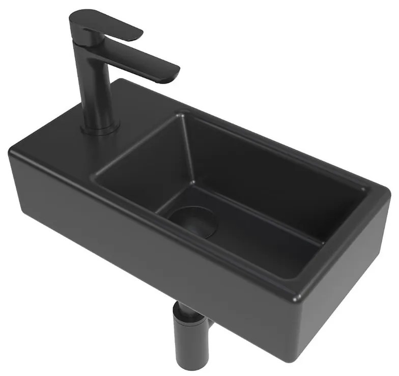 Koupelnový set levého závěsného umývátka Brevis 40,5 cm, pákové baterie, sifonu, průtočné zátky a roháčků v černé barvě KSETBRE2LBKM