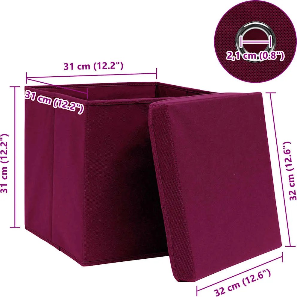 Úložné boxy s víky 10 ks tmavě červené 32 x 32 x 32 cm textil 288344