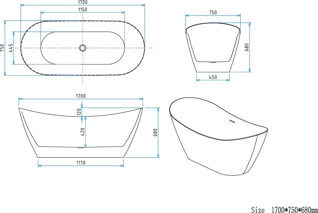 Erga Lina, volně stojící vana 170x75 cm + odtoková zátka, bílá lesklá, ERG-LINA-170075-WH-WH