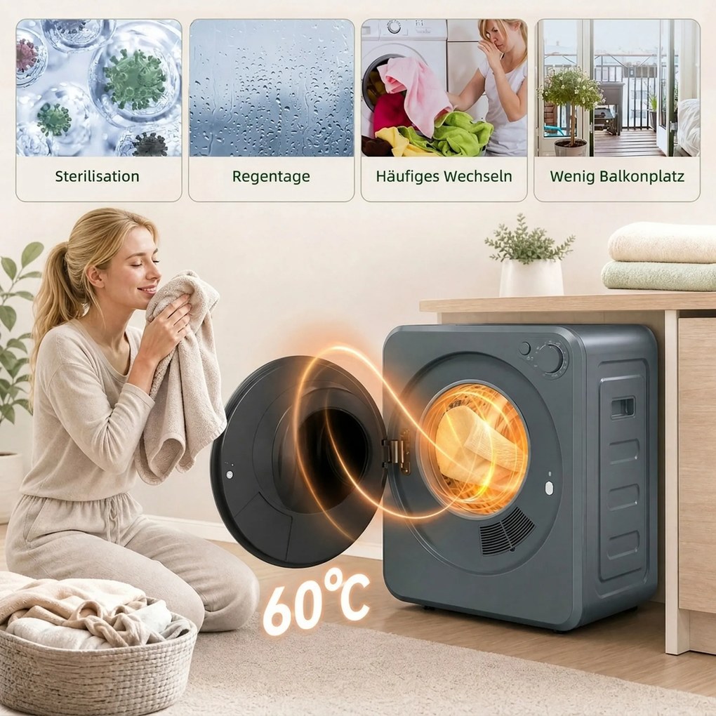 HOMCOM Mini sušička prádla 4 kg s 5 programy až do 60℃ 800W/400W odvětrávací sušička s nerezovým bubnem šedá