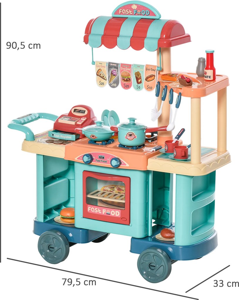 HOMCOM dětská kuchyňka s příslušenstvím 50dílná herní kuchyňka hračka kuchyňka plastová modrá+červená+oranžová 79,5 x 33 x 90,5 cm