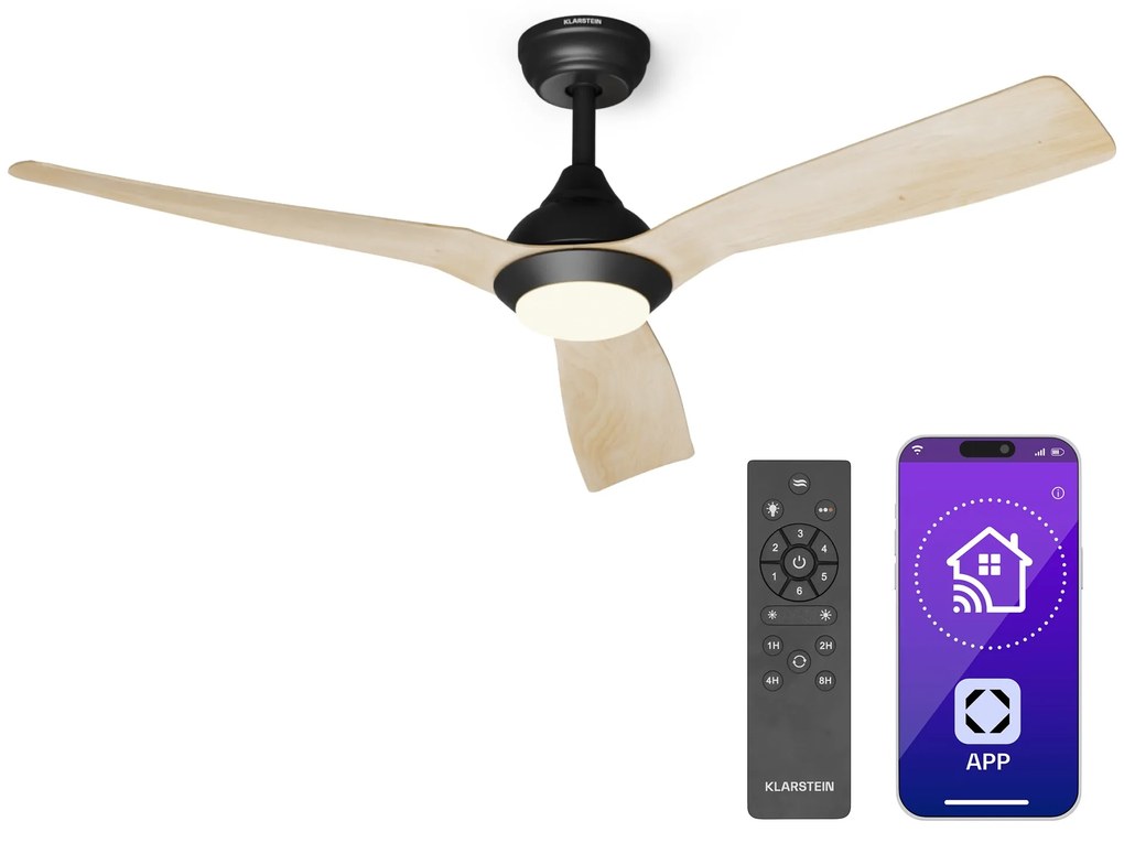 Klarstein Fiji Flow 2 v 1 Smart, stropní ventilátor, Ø 132 cm, LED světlo, dálkové ovládání, ovládání přes aplikaci, dvousměrný provoz