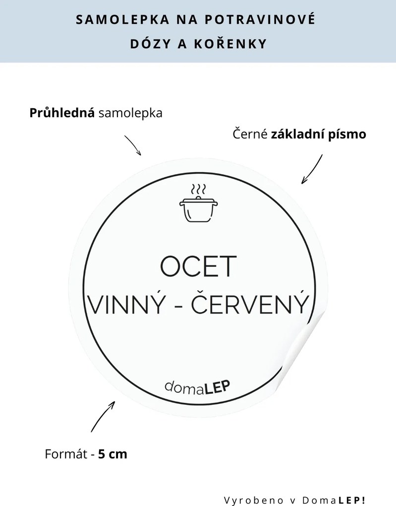 Samolepka na láhev OCET VINNÝ - ČERVENÝ – průhledná, 5 cm, základní písmo