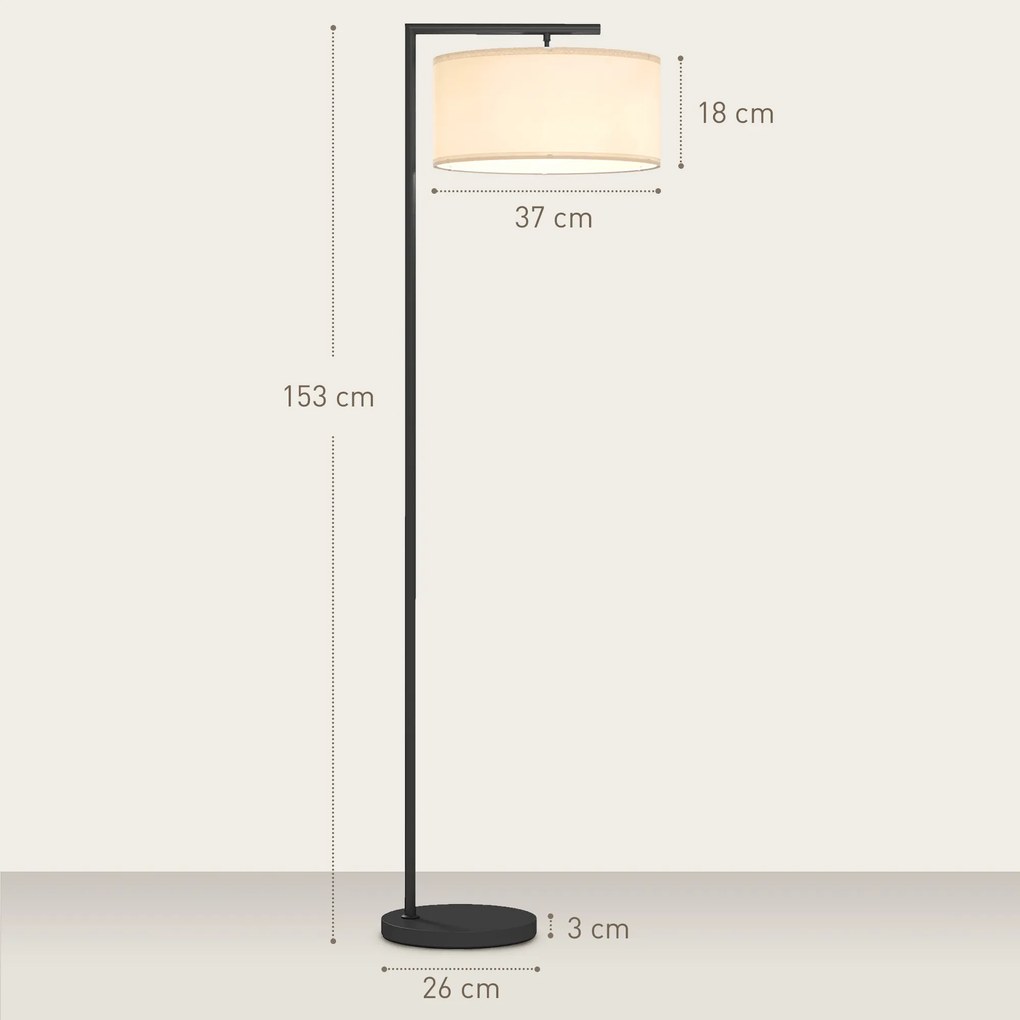 HOMCOM Stojací lampa, stojací svítidlo, objímka E27, černá, stínidlo z bílého textilu, nožní spínač, železo, 47 x 37 x 153 cm