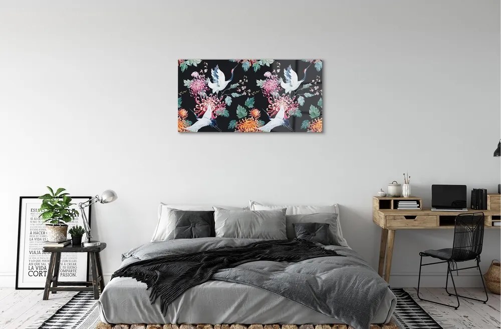 Obraz na skle Ptáci s květinami 100x50 cm