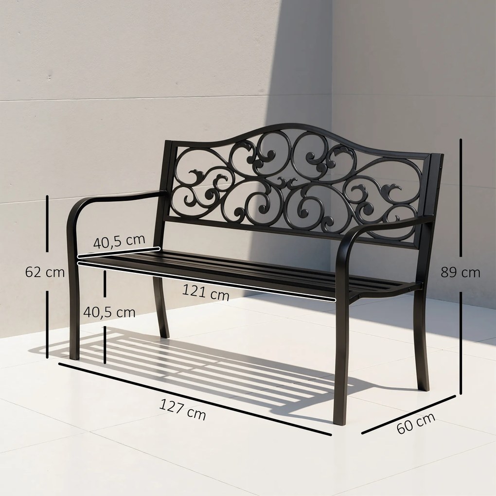 Outsunny zahradní lavice 3místná ocelová lavice s litinovými područkami černá 127x60x89cm pro zahradu terasu balkon | Aosom.de