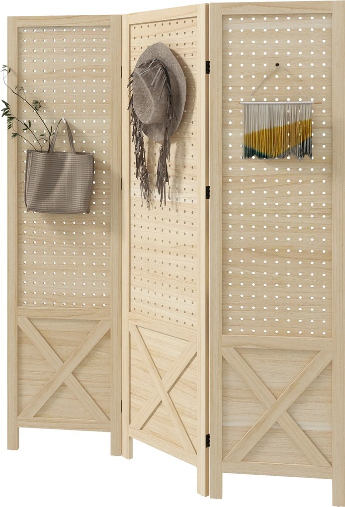 HOMCOM vnitřní paraván ze dřeva, 3 panely, skládací příčka, děrovaný panel, 114 x 1,7 x 144,5 cm, přírodní dřevo