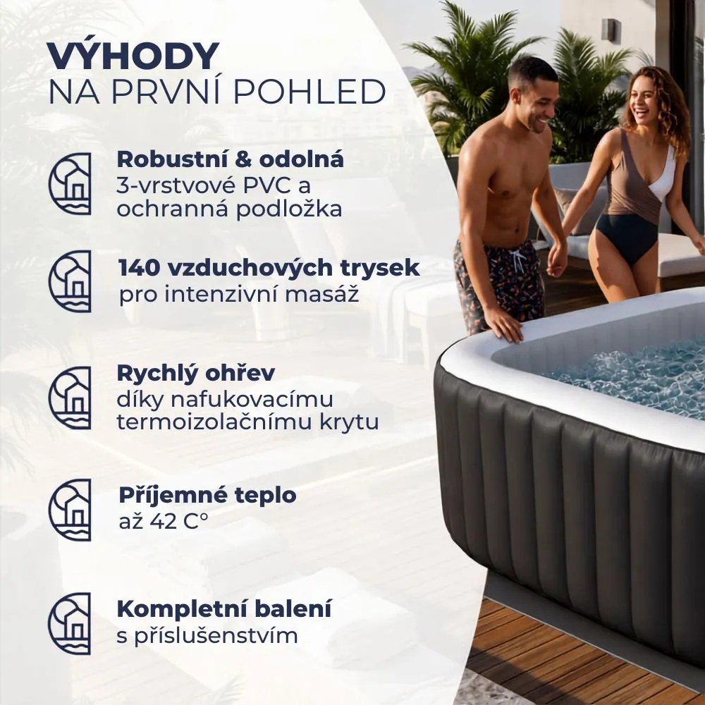 Nafukovací vířivý bazén OASIS pro 6 osob, čtvercový, černý Casaria