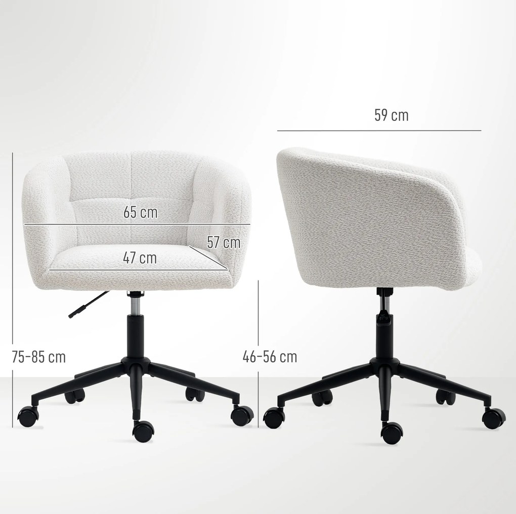 HOMCOM Polstrované kancelářské křeslo s plyšovým potahem, vaničkový design, pojízdné kancelářské křeslo, ocelová podstava, Krémová + Černá