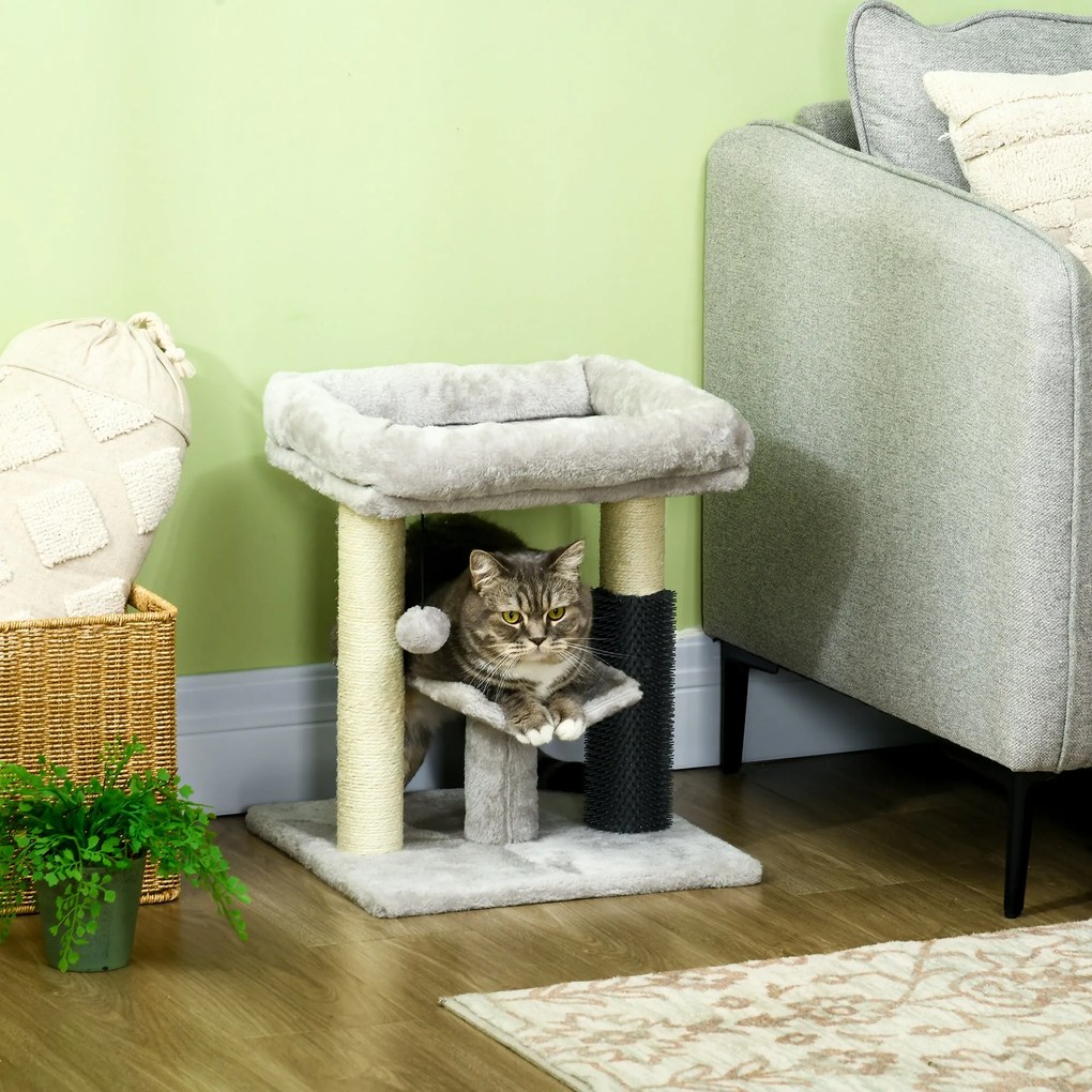 PawHut Škrábací strom pro kočky 48 cm s 2 škrabacími sloupy, platformou, U-tvarovaným lůžkem a zavěšeným míčkem