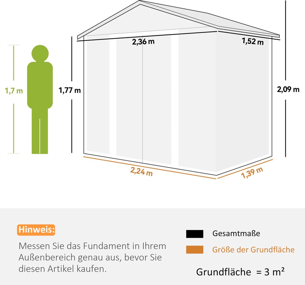 Outsunny Kovový Zahradní Kůlna s Dřevěným Vzhledem 3 m² 152 x 235,7 x 208,7 cm Sklad pro Nástroje s Šikmou Střechou, Okny a Dvoubarevnými Posuvnými D…