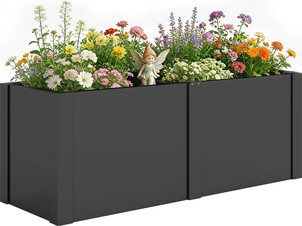 Outsunny pozinkovaný vyvýšený záhon 150 × 53 × 55 cm — otevřené dno, přepážka, černý | Aosom