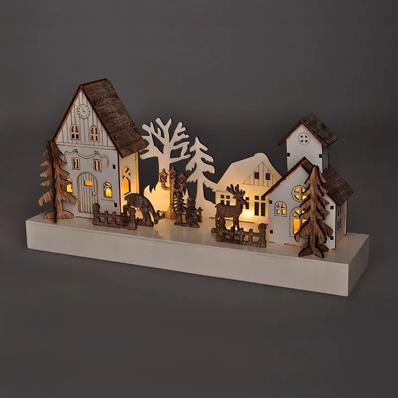SOLIGHT LED vánoční vesnička, 34x17cm, dřevo, 4 LED, 2x AA