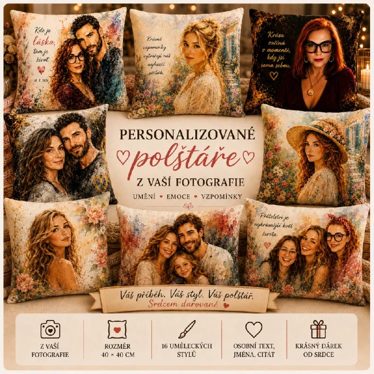 Personalizovaný polštář z fotografie – umělecký portrét 45 × 45 cm Styl portrétu:: Nostalgický uhel a skica