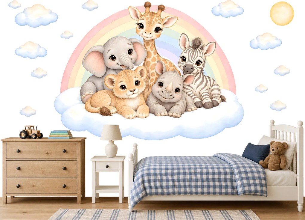 Duha a safari zvířátka na obláčku nálepky na zeď pro děti arch 75 x 54 cm