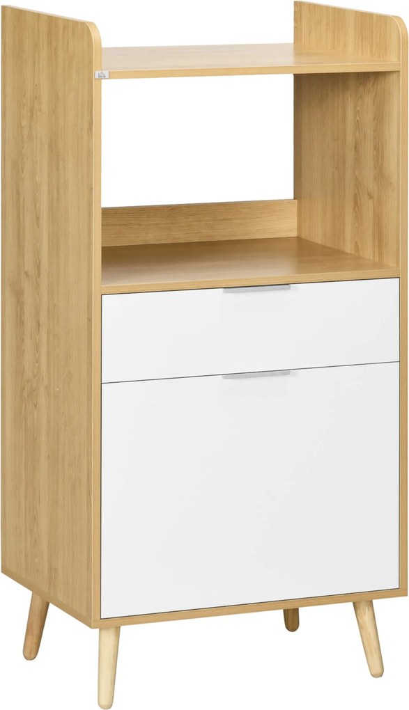 HOMCOM Kuchyňský vozík v severském stylu pro mikrovlnku s skříňkou, zásuvkou, nastavitelnou policí - 58 x 40 x 118 cm - přírodní a bílý