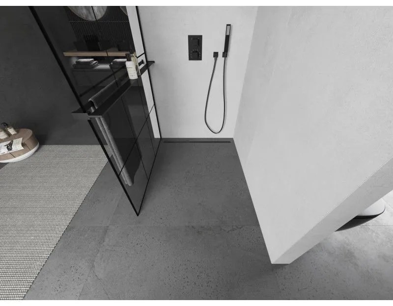 Mexen Kioto+ L, sprchová zástěna Walk-In s poličkou a věšákem 100 x 200 cm, 8mm čiré sklo černý vzor, černý profil, 800-100-123-70-77