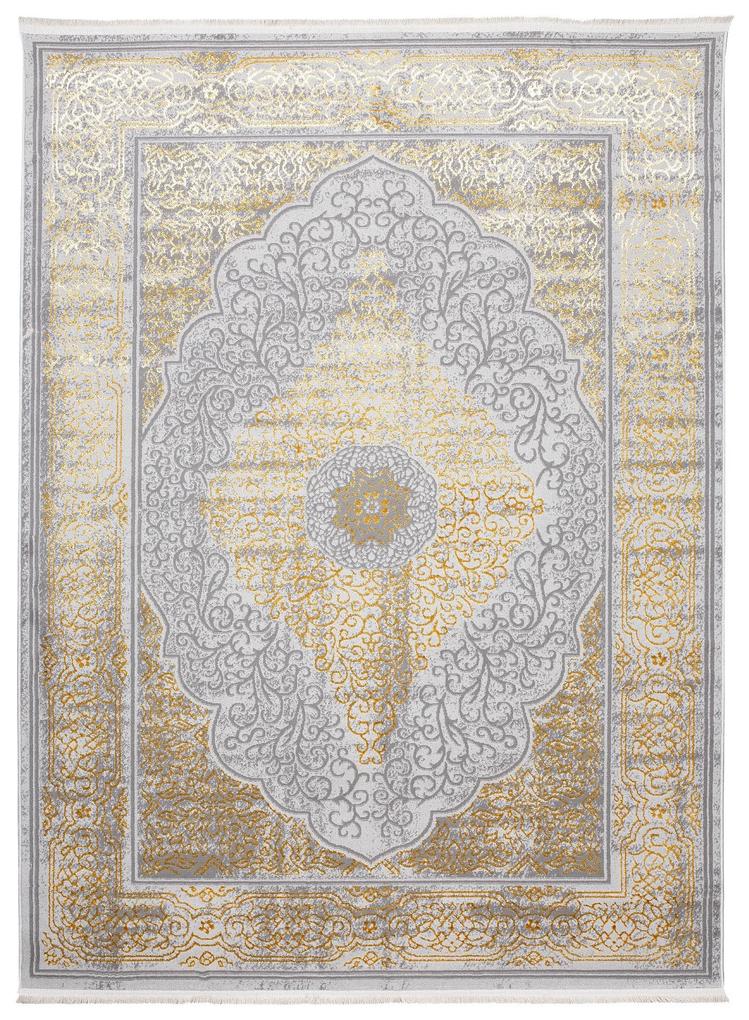 Exkluzivní moderní šedý koberec se zlatým orientálním vzorem