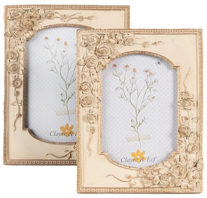 Béžovo zlatý fotorámeček Caroline s plastickou aplikací ve tvaru růže – 10x15 cm