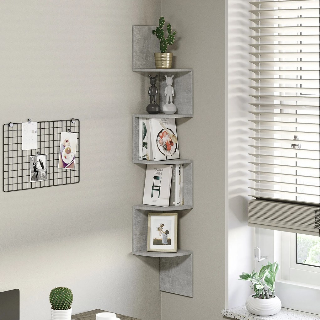 HOMCOM Stěnná rohová polička v zigzag designu 20Š x 20H x 126V cm, 5 úrovní, dřevo, šedá