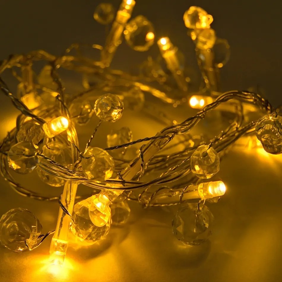 LED světýlka na baterie, krystalky, 1,3 m, teple bílá, 10 diod, čirý kabel, IP20 interiér, 2 × AA