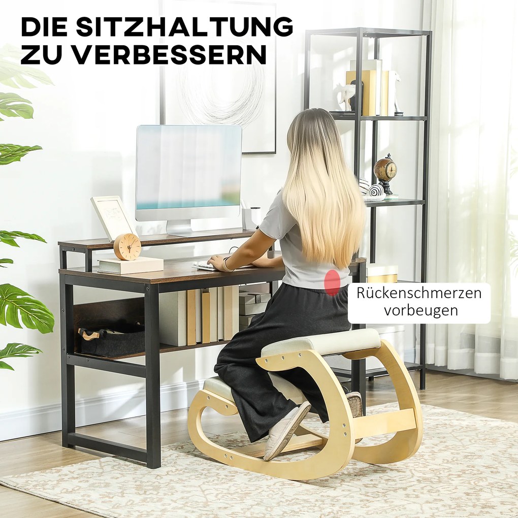 HOMCOM Křeslo na kolenou s houpacím mechanismem, ergonomické křeslo v lněné tkanině a břízovém dřevě, 55x85x55 cm, krémová