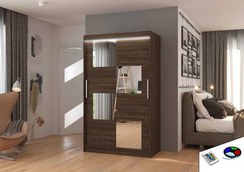 ADRK Furniture Posuvná skříň se zrcadlem a LED osvětlením LUGANO 120 SW-LUG-CH-120+L-V027