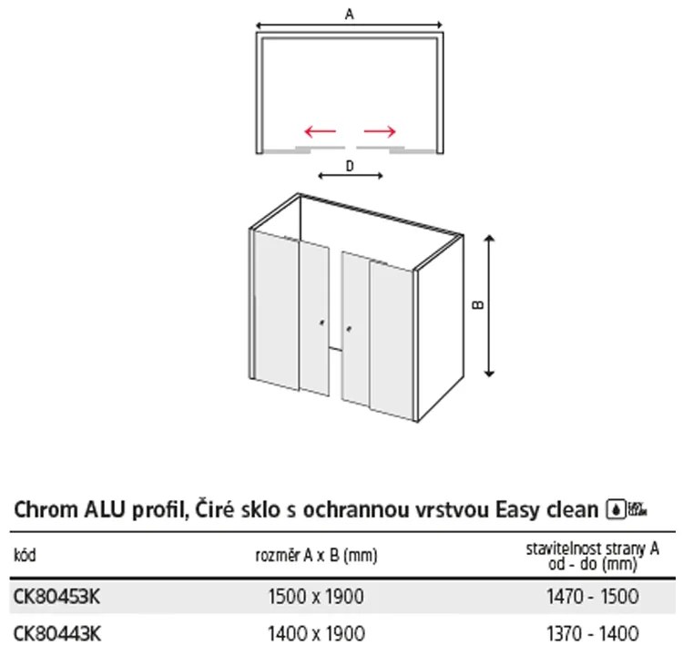 Mereo Lima sprchové dveře čtyřdílné zasunovací 140x190 cm sklo Čiré ALU chrom CK80443K