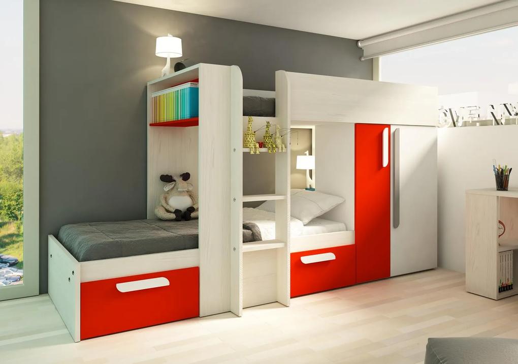 Aldo Patrová postel pro dvě děti Bo1 90x190 - bělená borovice, červená