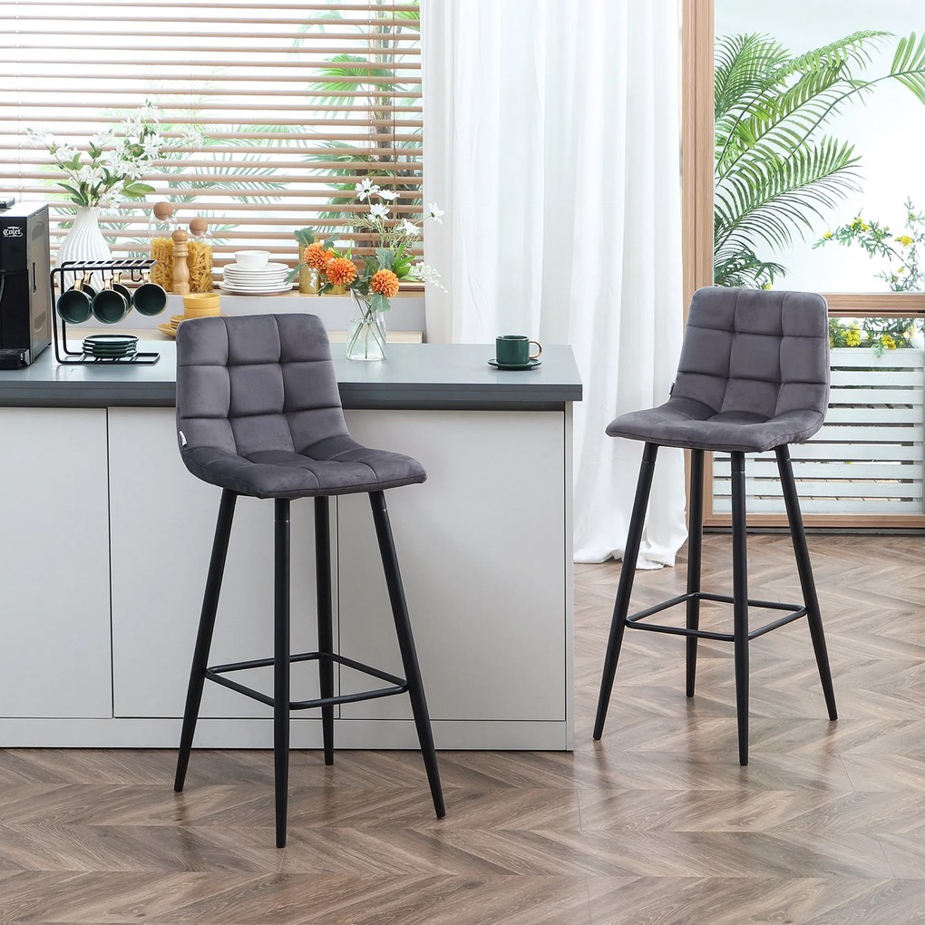 HOMCOM Barová židle sada 2 ks do kuchyně, moderní design, sametový potah, ocelové nohy, protiskluzové krytky nohou, do 120 kg, 42 x 47 x 105 cm, šedá…