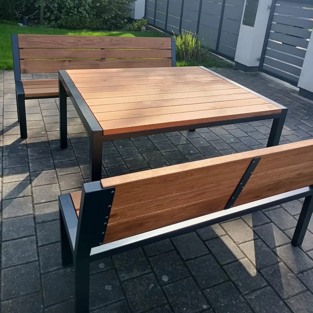KULHÁNEK Zahradní stůl s kovovou hranou a nohami - podélná prkna Odstín nátěru: lazura - palisandr, Velikost desky: 230x90 cm, Odstín podnože: bílá - RAL 9010