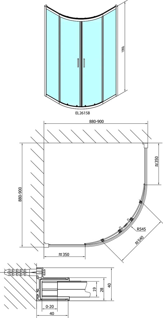Polysan Polysan, EASY BLACK čtvrtkruhová sprchová zástěna 900x900mm, L/R, číré sklo, EL2615B