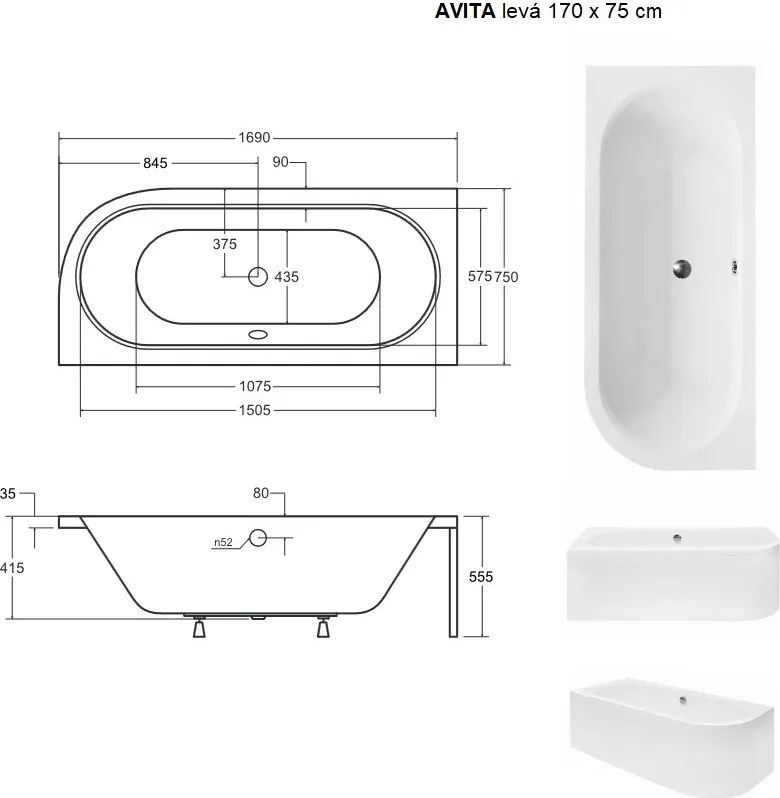 Besco AVITA 170 x 75 cm VANAVIT170L+OLVPINOZ vana vč. nožiček levá