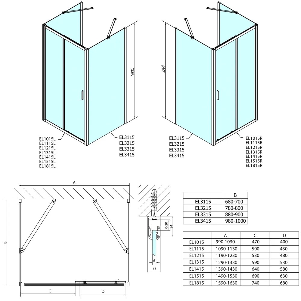 Polysan EASY LINE třístěnný sprchový kout 1300x800mm, L/P varianta, čiré sklo EL1315EL3215EL3215