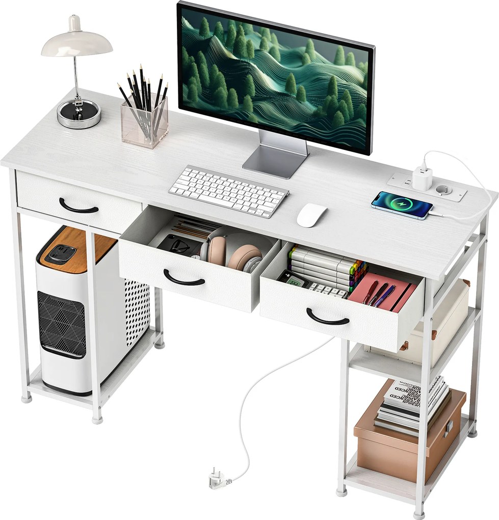 HOMCOM Psací stůl / kuchyňský stůl s 2 USB nabíjecími porty, 2 zásuvky, nastavitelné police, 3 látkové zásuvky, 120 x 40 x 76 cm, bílý