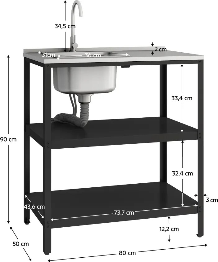 Kondela Zahradní kuchyňský ostrůvek s dřezem, kov, černá, INES TYP 4