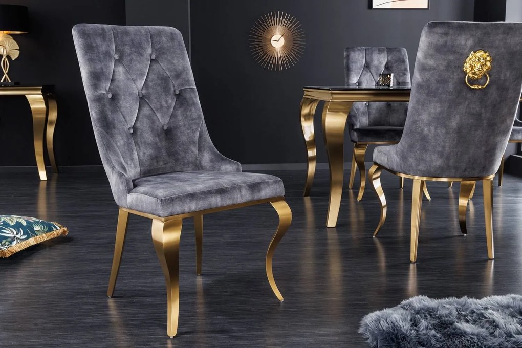 Designová židle Rococo Lví hlava šedá / zlatá