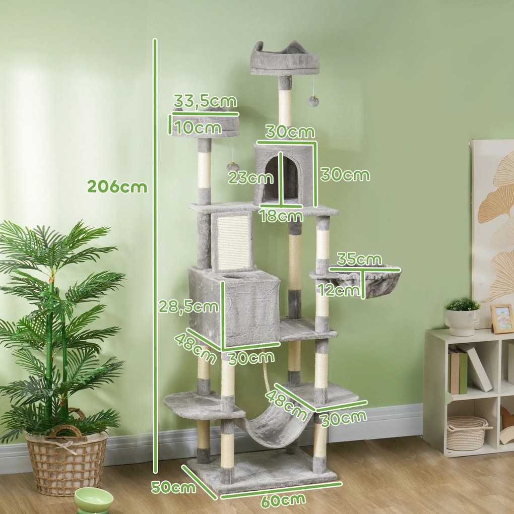PawHut Kočičí škrabadlo Vysoké 206 cm - Strom pro kočky s plošinami, norami, visícími míčky a houpacími sítěmi, Světle šedá