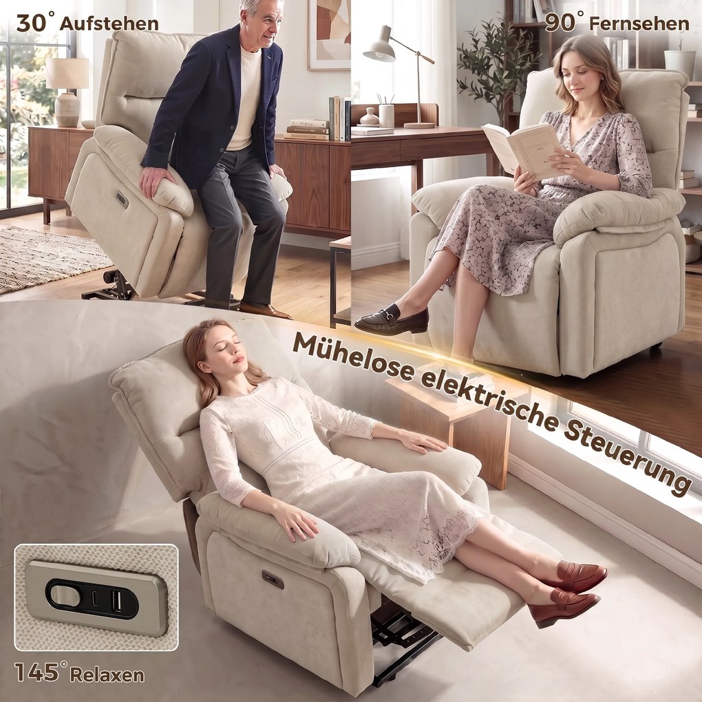 HOMCOM Elektrické křeslo s masáží a teplem, relaxační křeslo z chenille s vysokohustotní pěnou a tlustým opěradlem, krémově bílé
