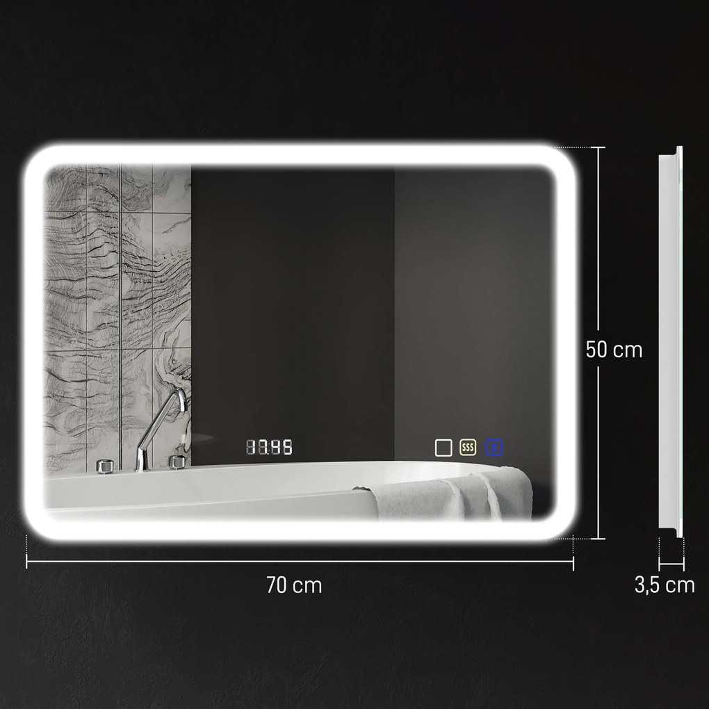 HOMCOM koupelnové zrcadlo s LED světlem 70x50 cm s Bluetooth, 3 barvy světla, digitální hodiny, funkce proti zamlžení, paměťová funkce