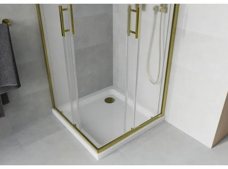 Mexen Rio, čtvercový sprchový kout s posuvnými dveřmi 80 (dveře) x 80 (dveře) x 190 cm, 5mm sklo námraza, zlatý profil + bílá sprchová vanička SLIM, 860-080-080-50-30-4010G