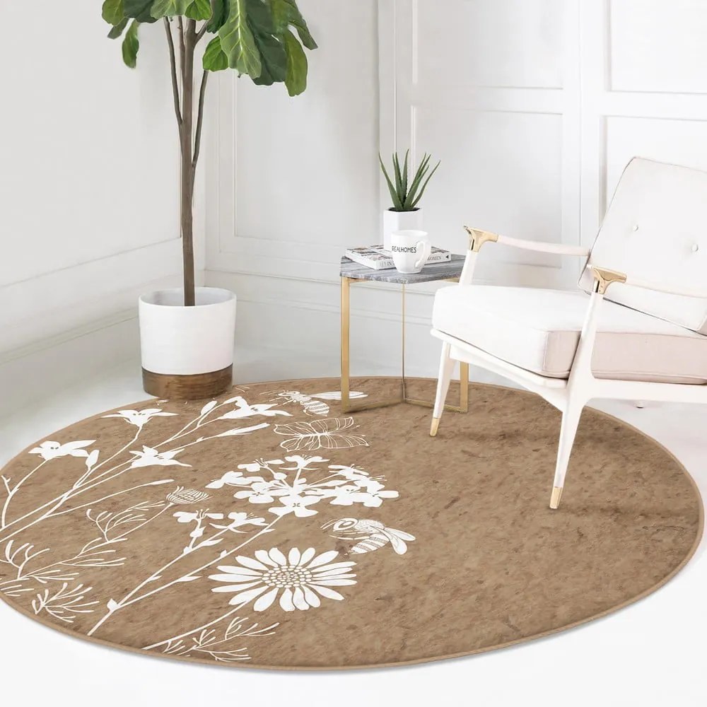 Světle hnědý pratelný kulatý koberec vhodný pro robotické vysavače ø 120 cm Comfort – Mila Home