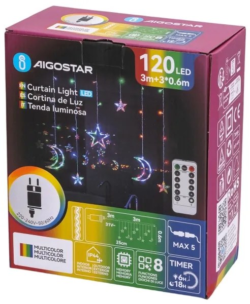 Aigostar - LED RGBY Ven. ván. řetěz 120xLED/6W/230V/8 funkcí 3x0,6m IP44 + DO