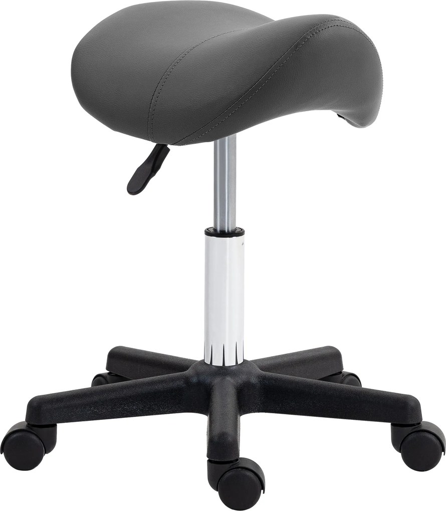 HOMCOM Pojízdná stolička, sedlo ve tvaru sedla, výškově nastavitelná, otočná o 360°, umělá kůže, šedá, 48 x 47 x 45-59 cm