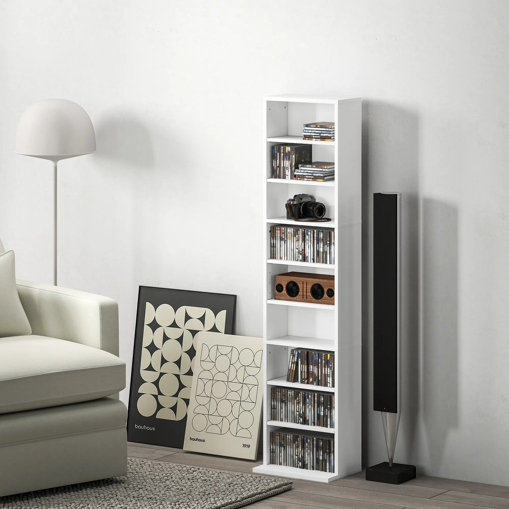 HOMCOM CD a DVD regál s 9 přihrádkami, úzký s nastavitelými policemi pro obývací pokoj a kancelář 33x24x140 cm Bílý