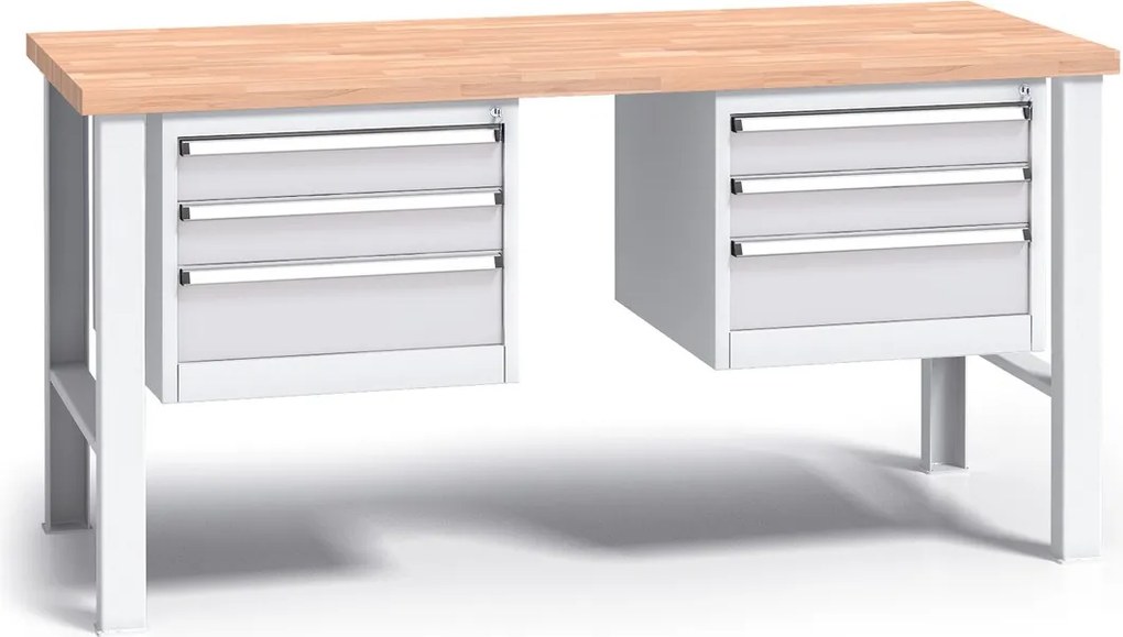 Pracovní stůl do dílny G3 se 2 závěsnými boxy na nářadí, buková spárovka, 6 zásuvek, pevné kovové nohy, 1700 mm, šedá
