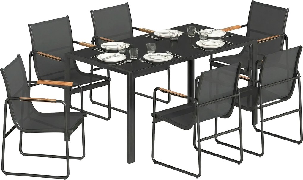 Outsunny 7dílná venkovní jídelní souprava 150×80 cm — tvrzené sklo, 6 prodyšných židlí | Aosom