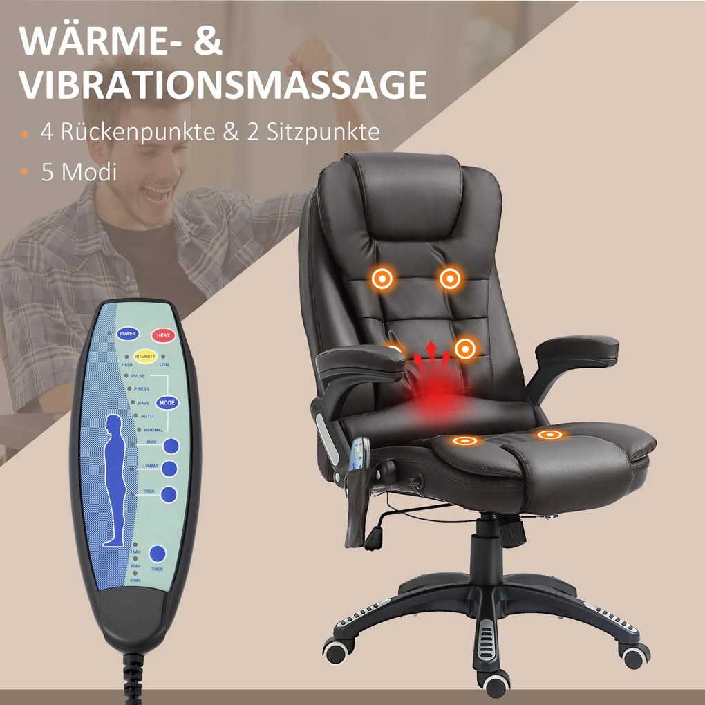 Masážní křeslo HOMCOM, kancelářské křeslo, manažerské křeslo, herní křeslo s 6bodovou vibrační masáží, funkce vyhřívání, umělá kůže