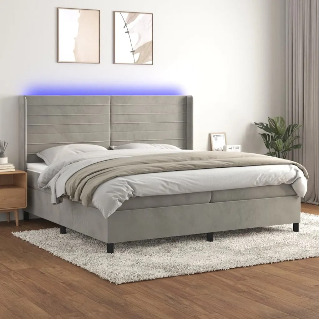 Box spring postel s matrací a LED světle šedá 200x200 cm samet
